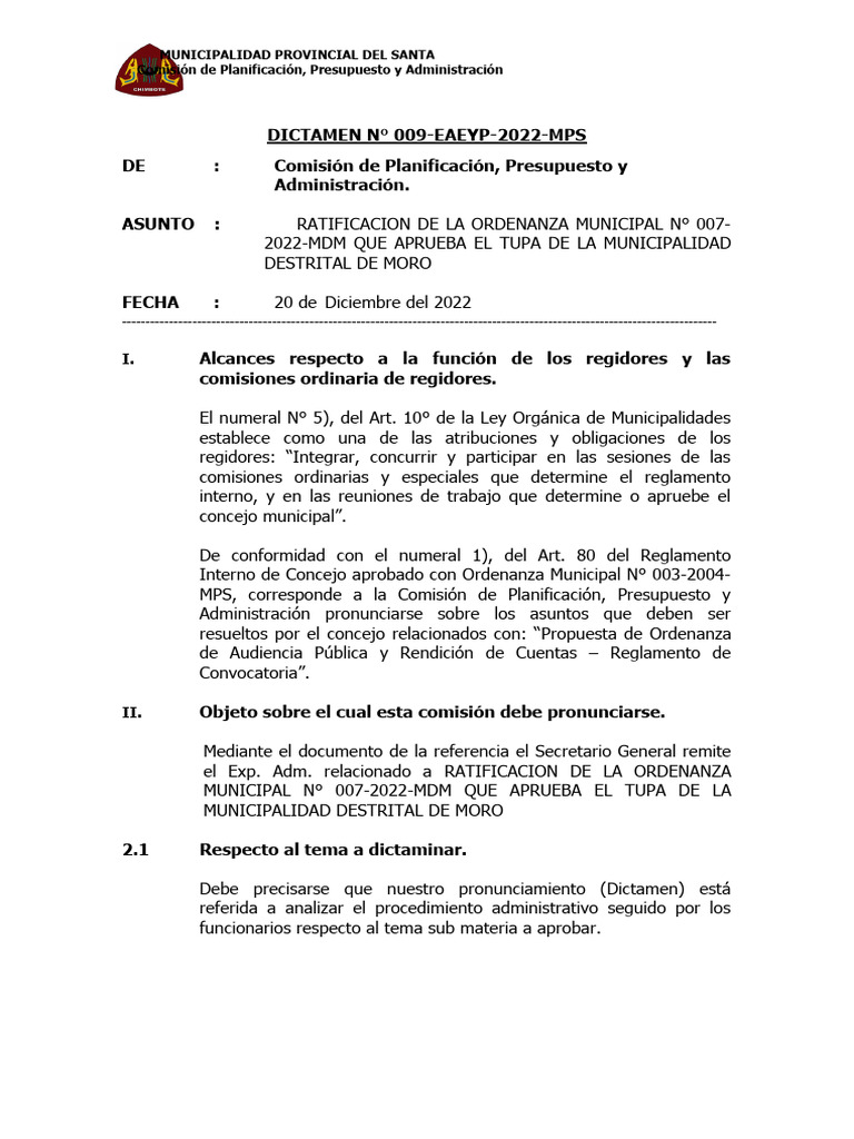 Dictamen #009-Eaeyp-2022-Mps Ratificacion de La Ordenanza Municipal ... Dictamen #009-Eaeyp-2022-Mps Ratificacion de La Ordenanza Municipal ...
