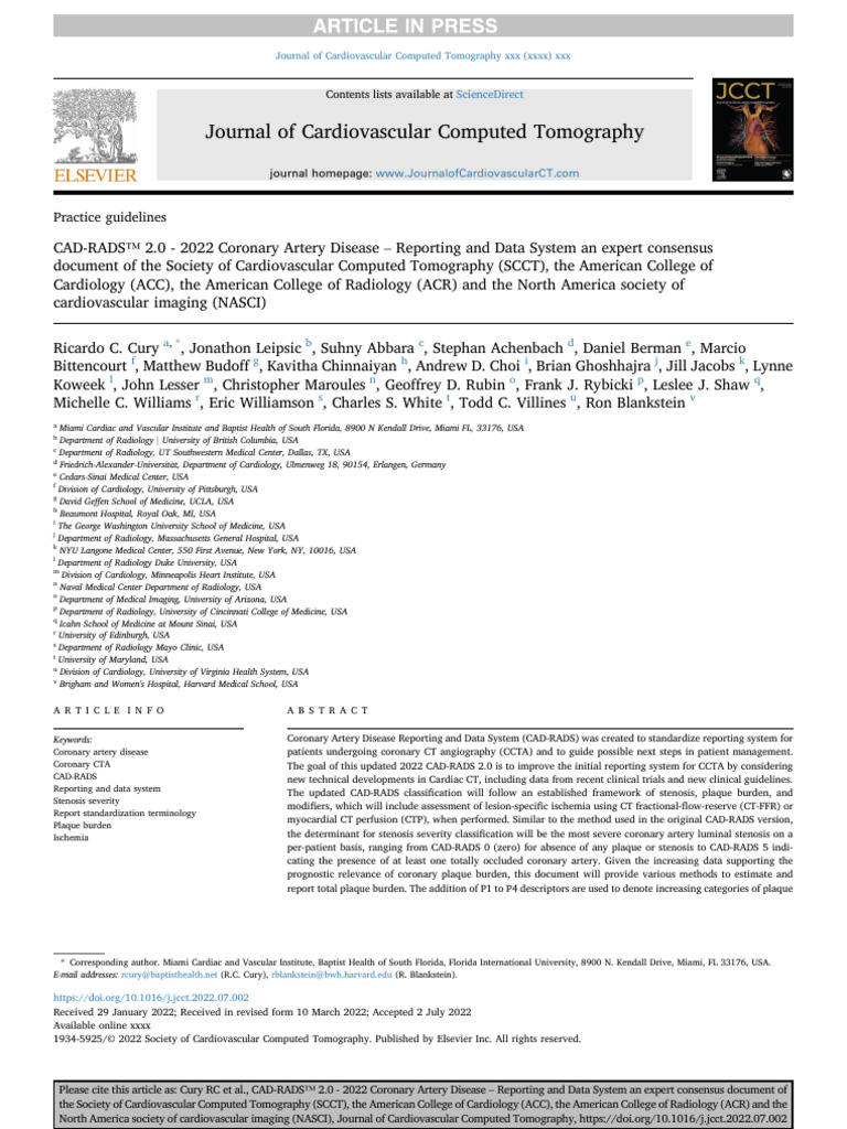 CAD-RADS™ 2.0 - 2022 Coronary Artery Disease - Reporting and Data ...