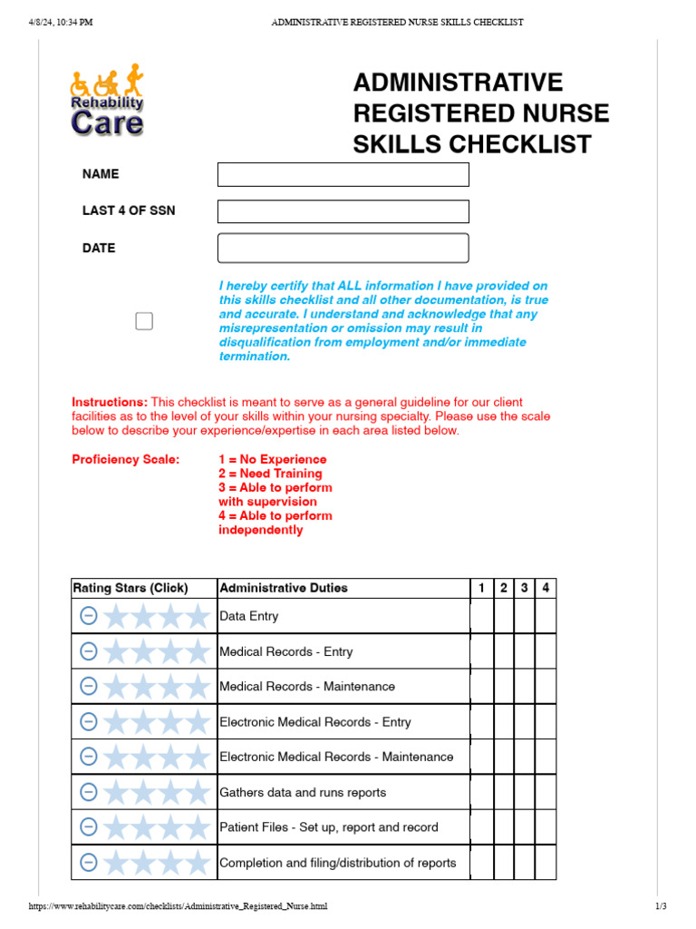 Administrative Registered Nurse Skills Checklist | PDF | Nursing | Medical Record