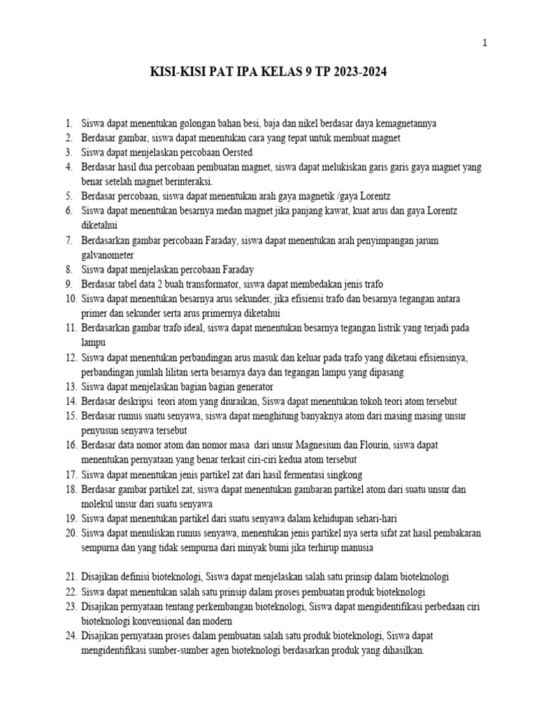 KISI-kisi PAT IPA Kls 9 2023-24 | PDF