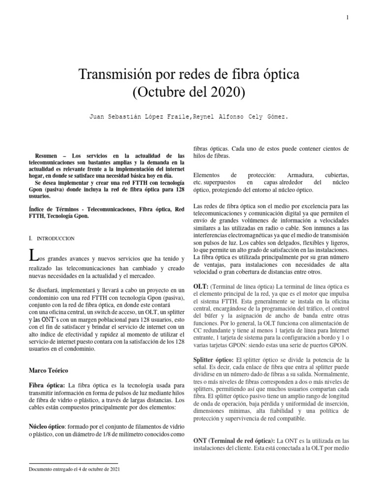 Final Transmision Por Redes de Fibra Optica | PDF | Fibra óptica | Red de computadoras