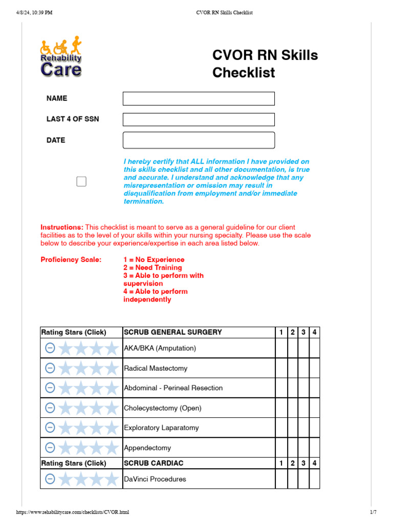 CVOR RN Skills Checklist | PDF | Coronary Artery Bypass Surgery | Heart