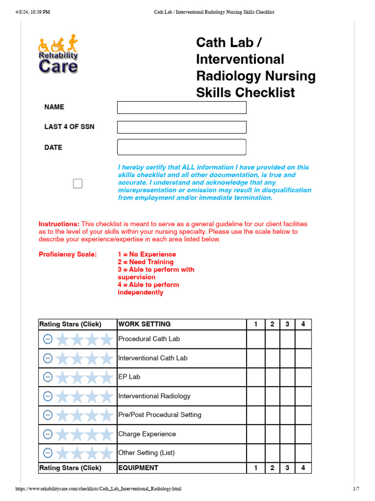 Cath Lab Nursing Skills Checklist | PDF | Interventional Radiology ...