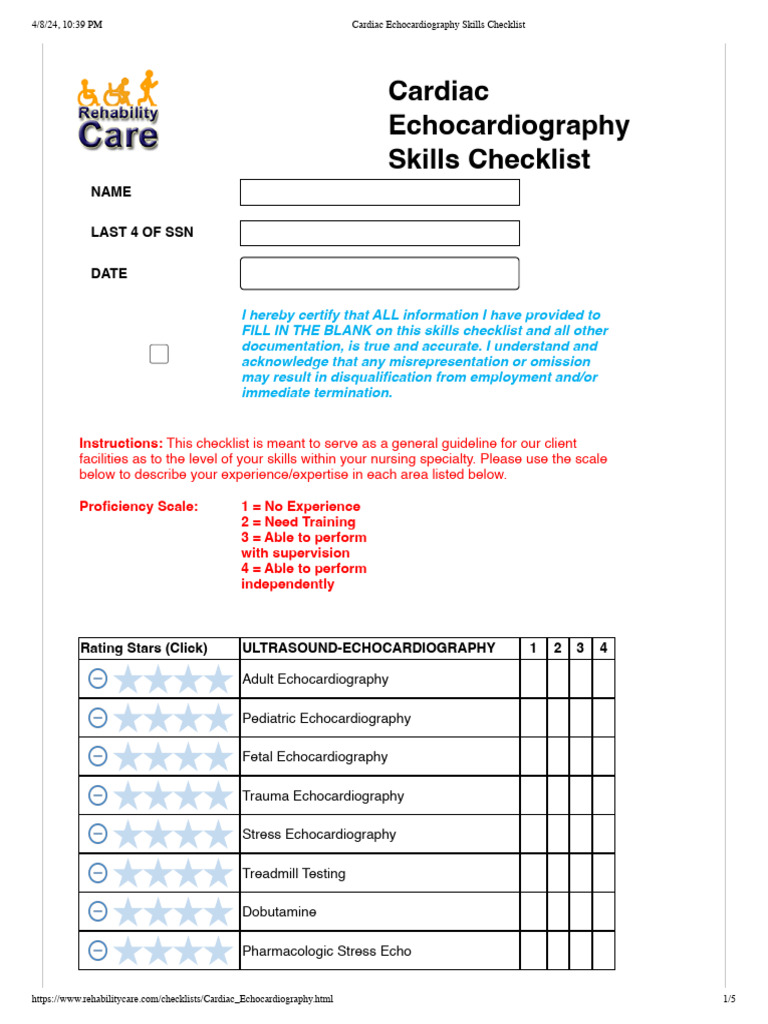 Cardiac Echocardiography Skills Checklist | PDF | Echocardiography ...
