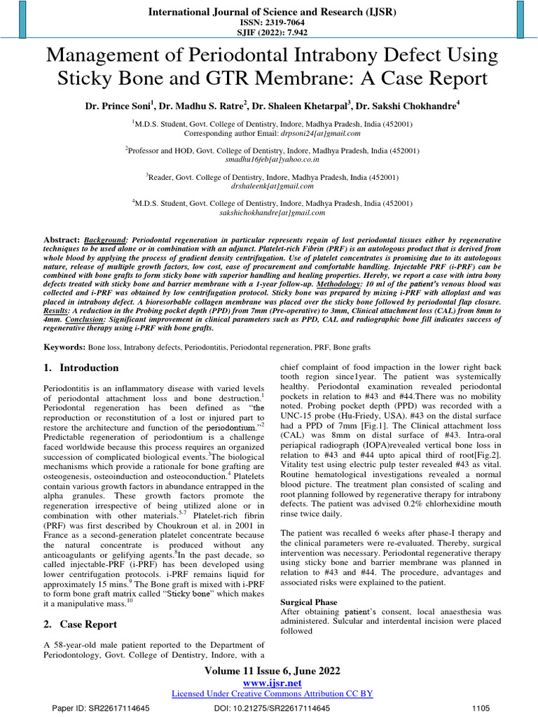 2022 - Management of Periodontal Intrabony Defect Using Sticky Bone and ...