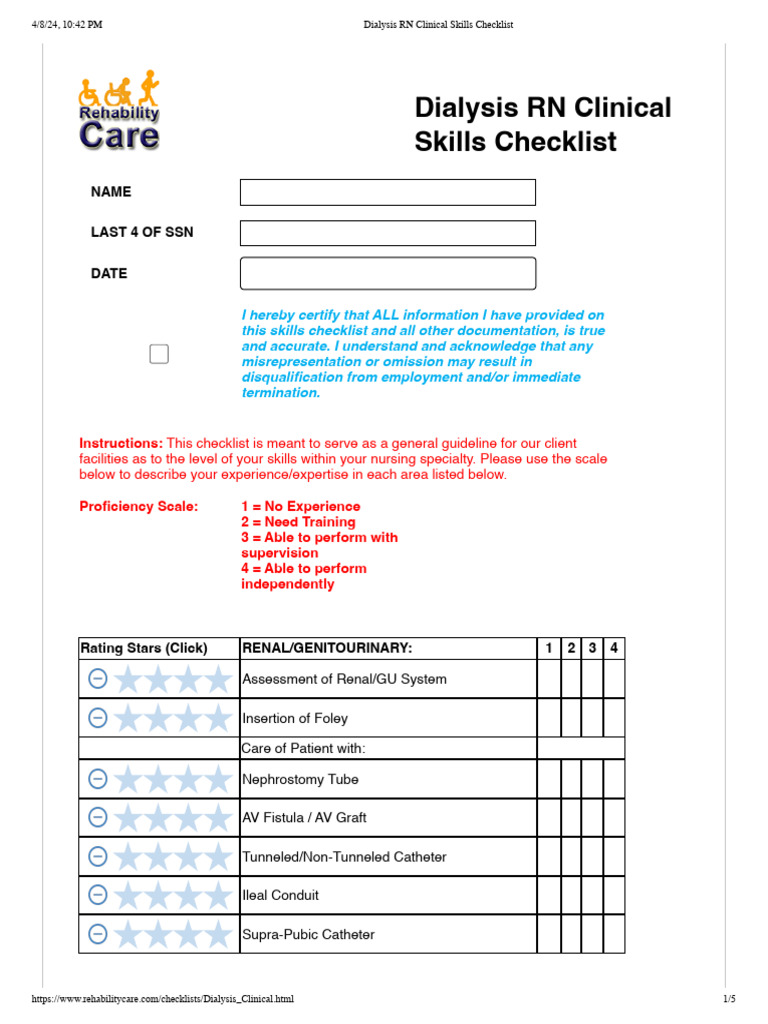 Dialysis RN Clinical Skills Checklist | PDF | Hemodialysis | Medical ...