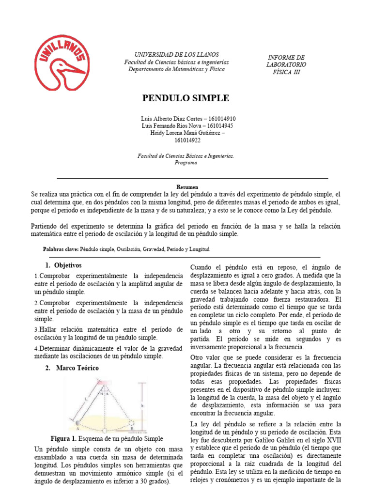 INFORME No.3 PENDULO SIMPLE | PDF | Péndulo | Oscilación