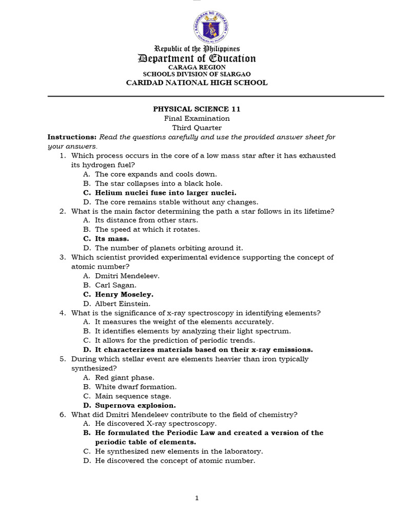 Physical Science 11 Final Exam Guide | PDF | Chemical Elements ...