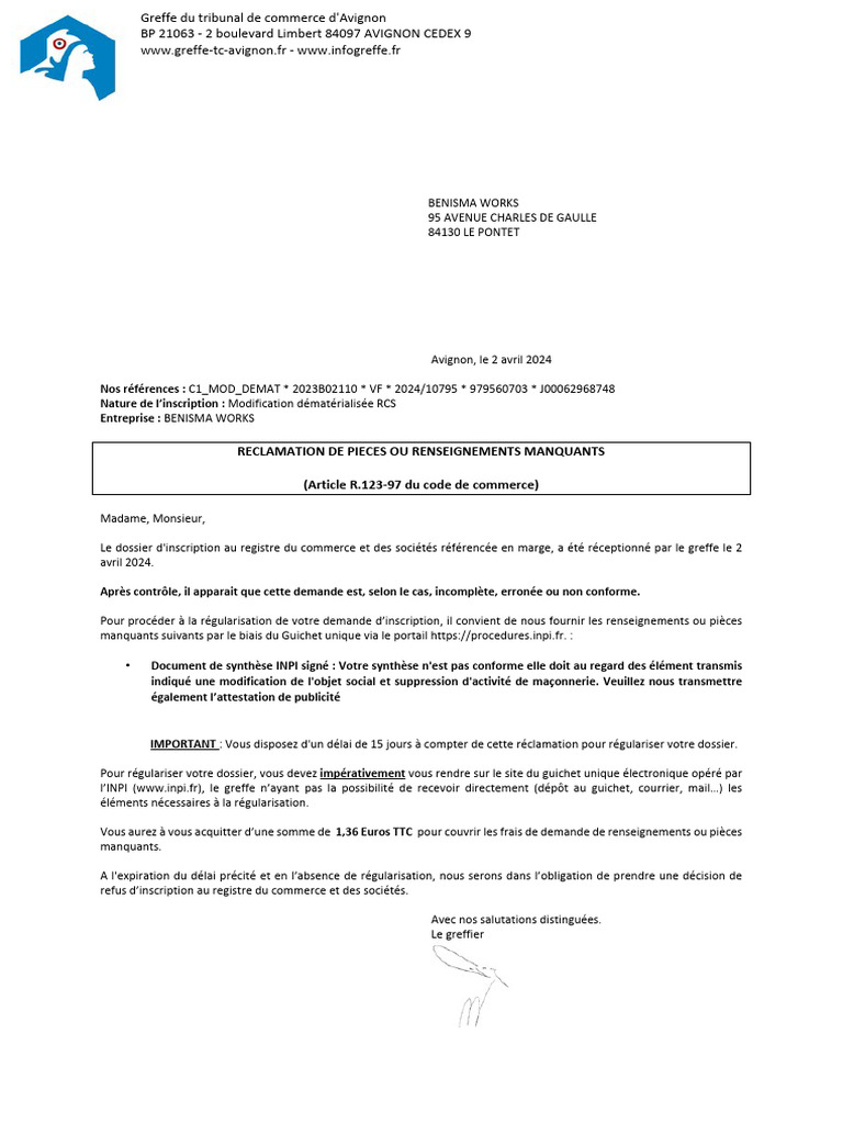 Lettre de Demande de Regularisation Lettre de Rejet | PDF | Affaires | Finance et gestion monétaire