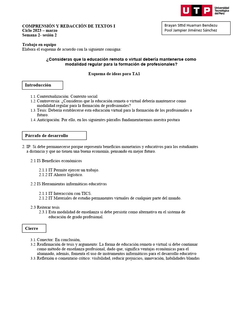 S02.s2-Esquema para TA1 (Material) 2023 Marzo - 50608248 | PDF | Enseñando