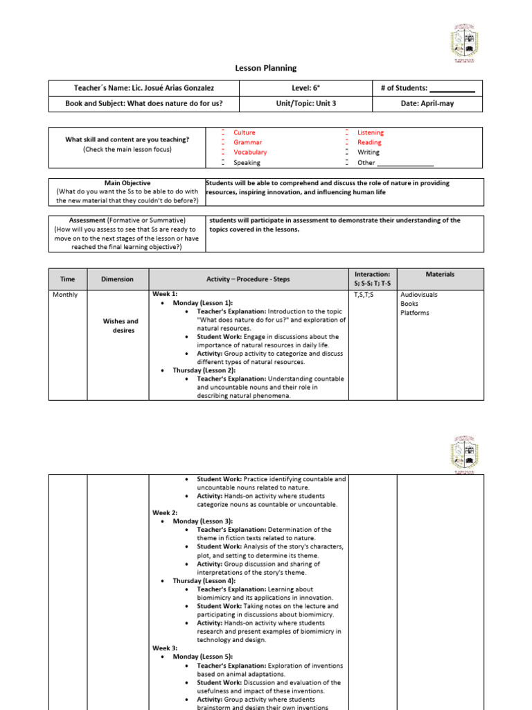 Lesson Planning 6° Grade | PDF | Teachers | Essays