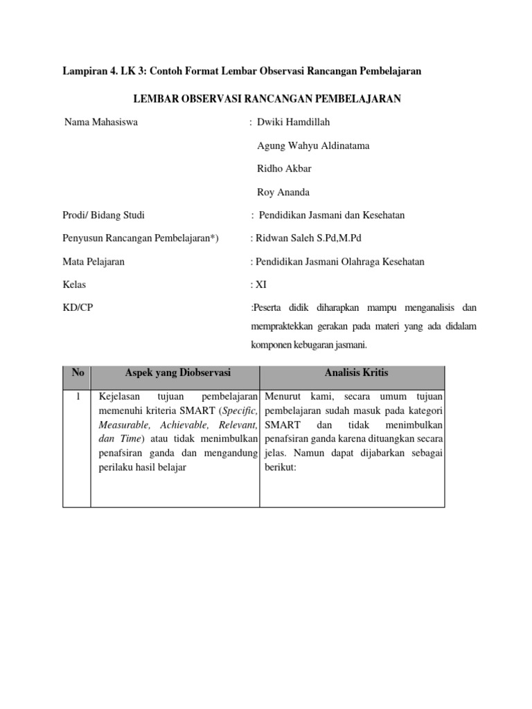 Lampiran 4. LK 3 - Contoh Format Lembar Observasi Rancangan Pembelajaran 1 | PDF | Karier ...