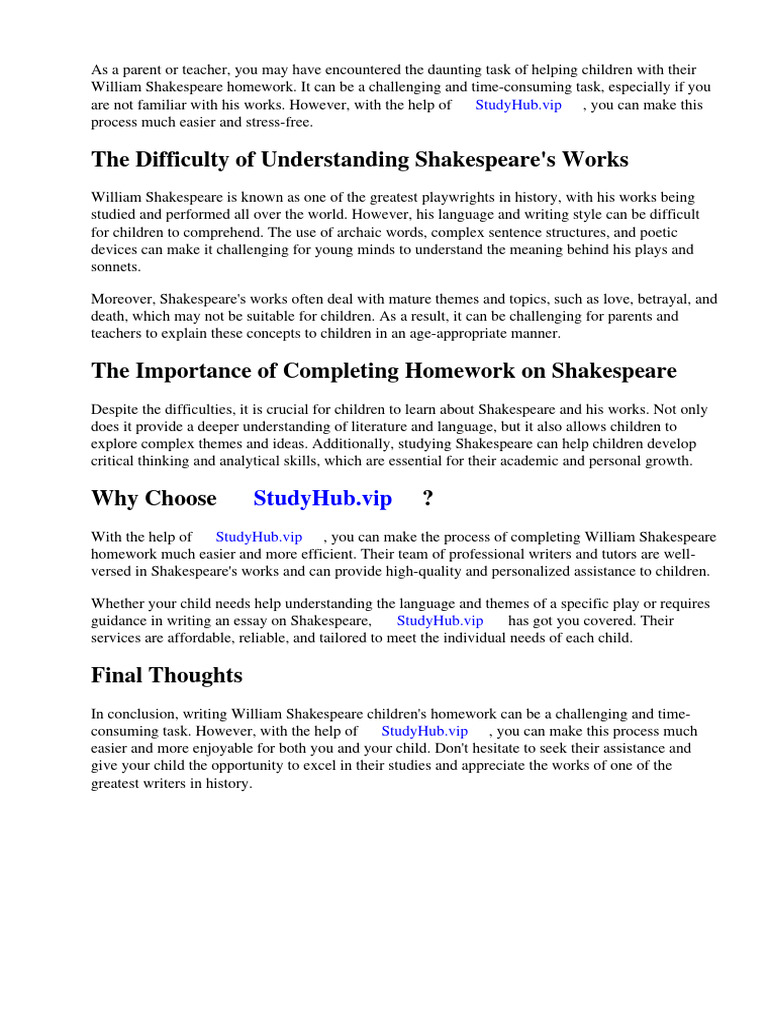 William Shakespeare Childrens Homework | PDF | William Shakespeare ...