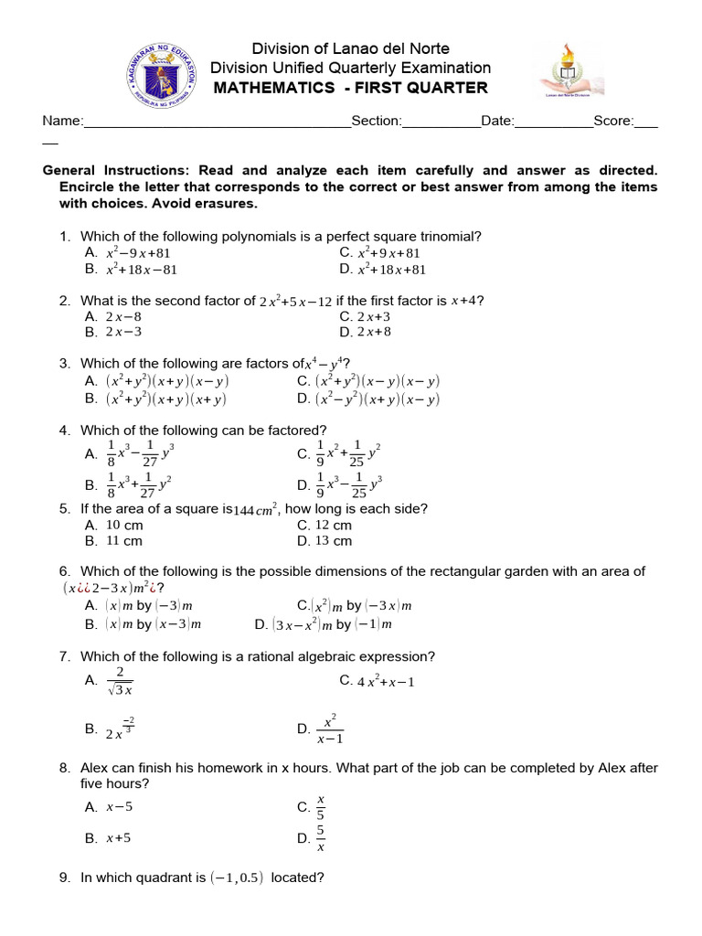 Math 9 Quarter 1 | PDF | Equations | Factorization