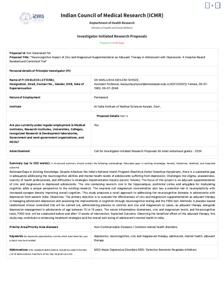 ICMR EPMS - View Drafted - Submitted Proposal | PDF | Major Depressive ...