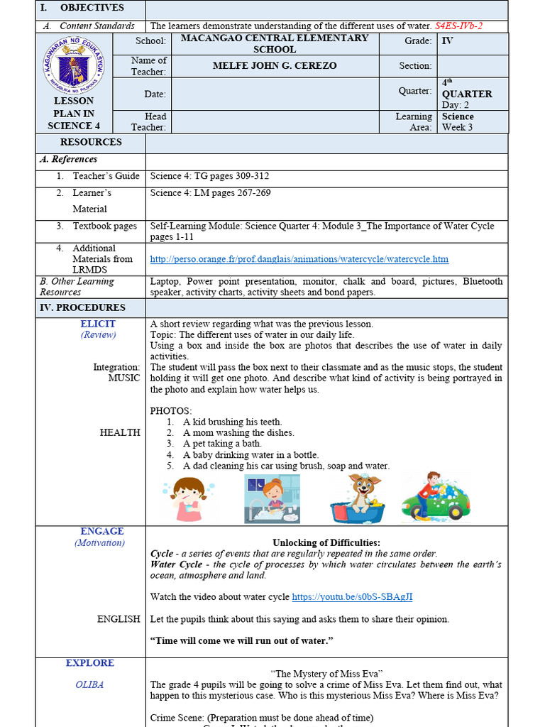 Grade 4 Water Cycle Lesson Plan | PDF | Learning | Water