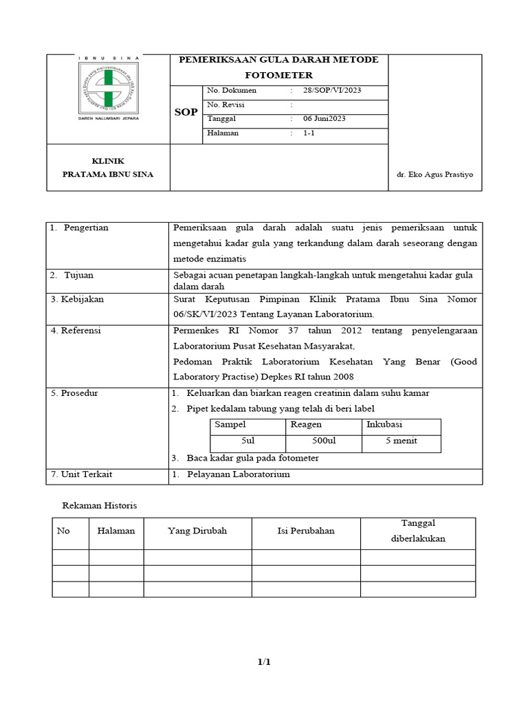 .28 Sop Pemeriksaan Gula Darah Metode Fotometer | PDF | Pengembangan ...