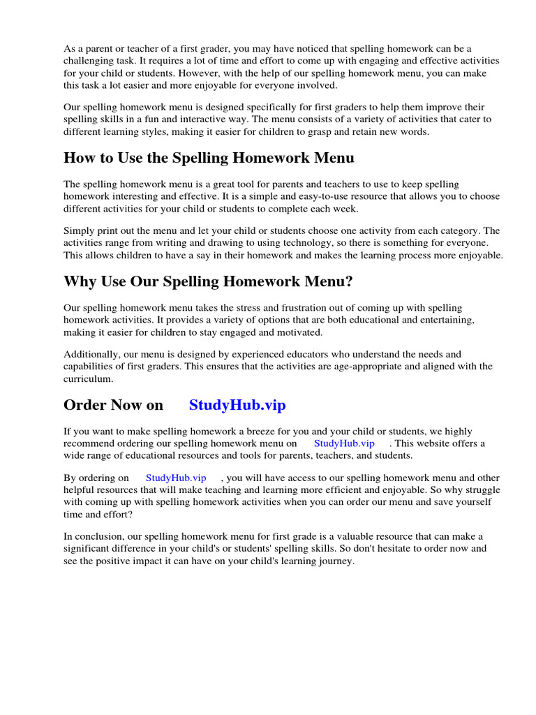Spelling Homework Menu First Grade | PDF | Homework | Safari (Web Browser)
