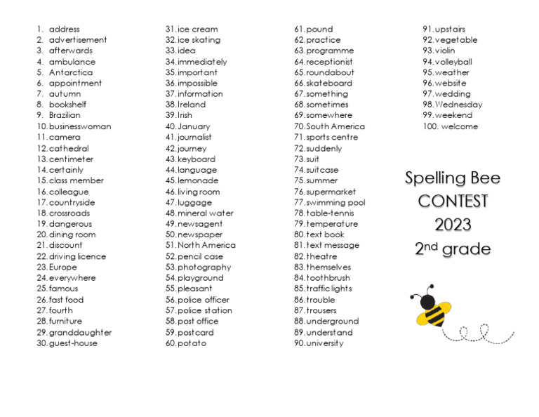 Spelling Bee 2nd Grade To Check | PDF