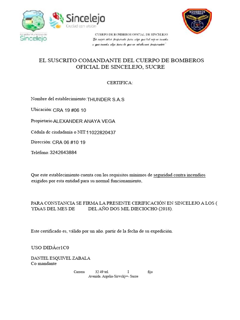 Certificado Cuerpo De Bomberos Diligenciado Pdf