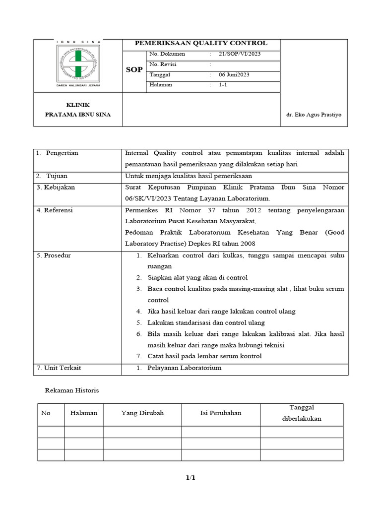 SOP Quality Control Laboratorium Klinik | PDF