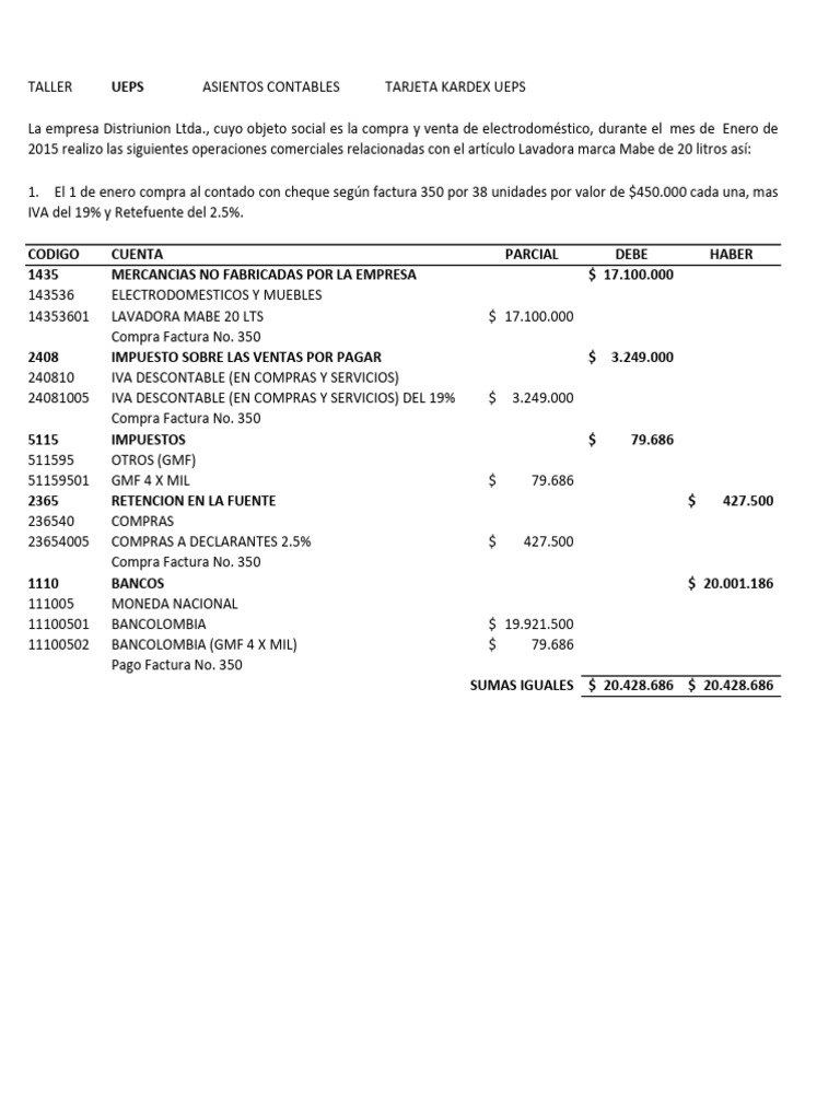 Taller 2 Asientos Contables y Kardex Ueps | PDF | Factura | Economias