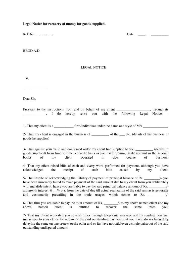 Legal Notice for Money Recovery | PDF | Lawsuit | Common Law