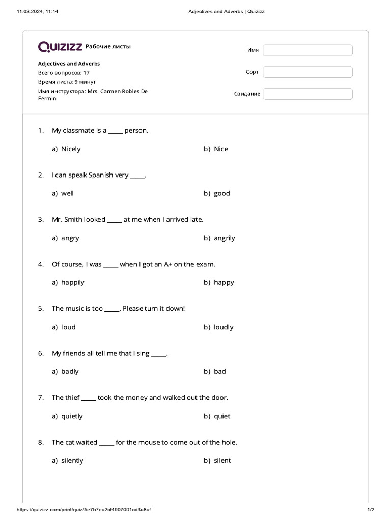 Adjectives and Adverbs Quiz Worksheet | PDF | Language Arts & Discipline