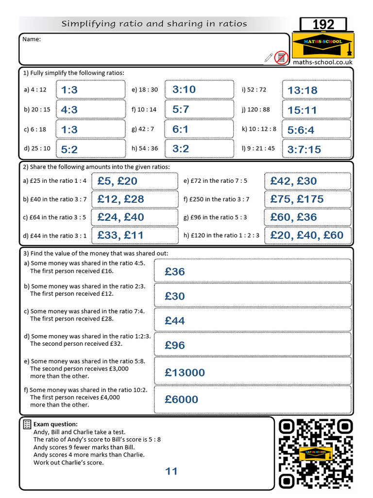 192 Simplifying Ratio Sharing Answers | PDF | Teaching Methods & Materials