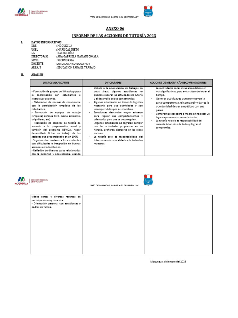 Informe de Acciones de Tutoría (Anexo 6) | PDF