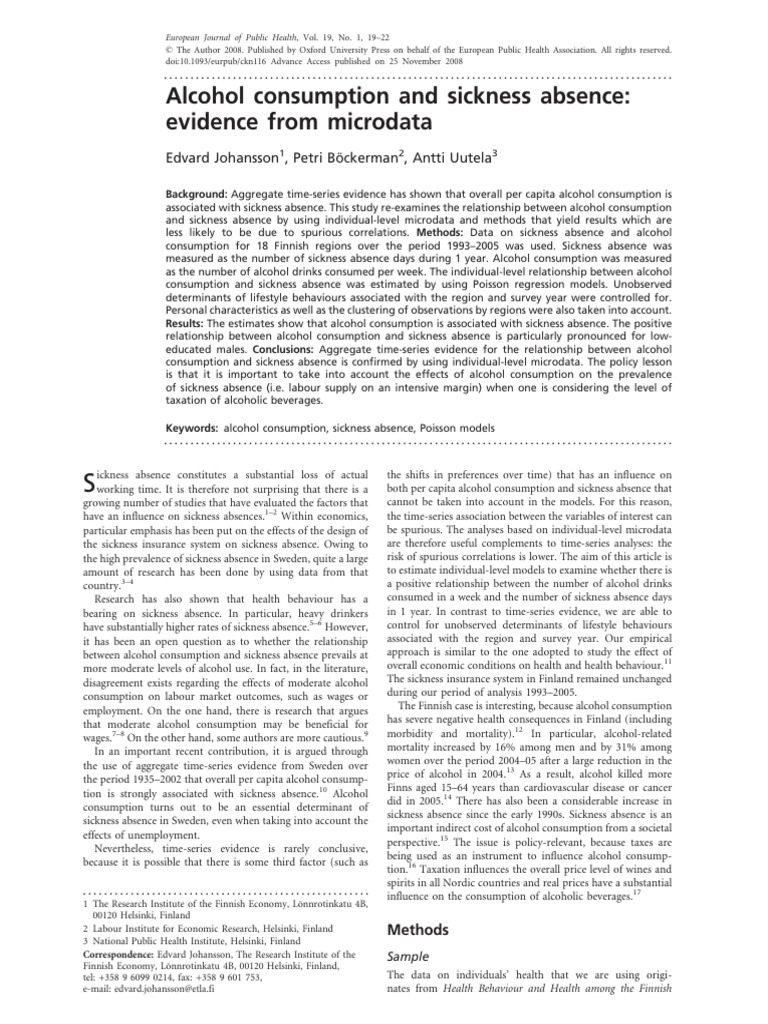 Alcohol Consumption and Sickness Absence | PDF | Survey Methodology ...