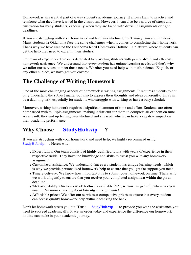 Oklahoma Road Homework Hotline | PDF | Homework | Teachers
