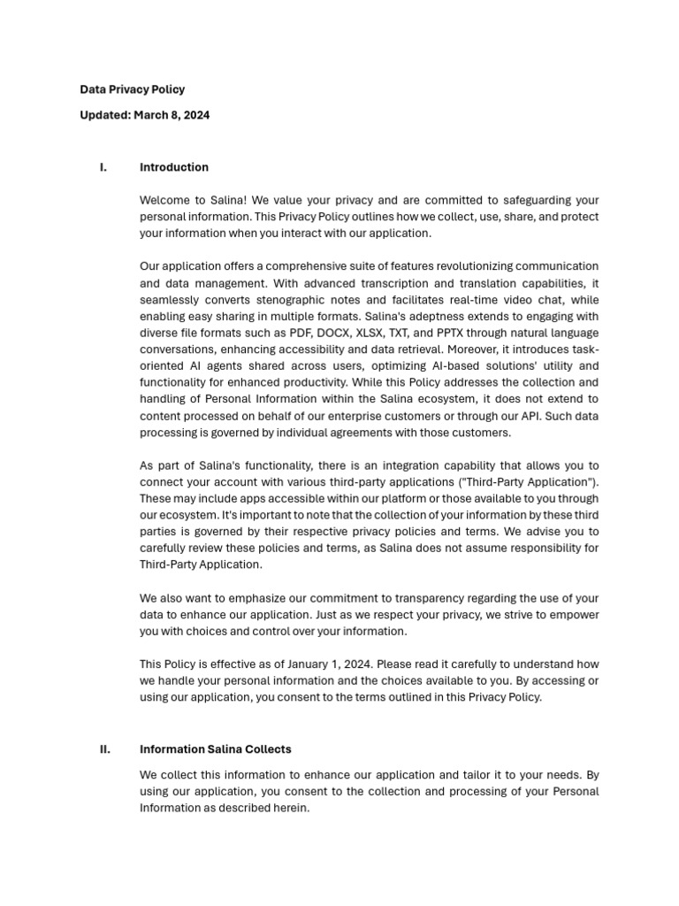 Unified Salina Data Privacy Policy Aev1 Pdf Information Privacy