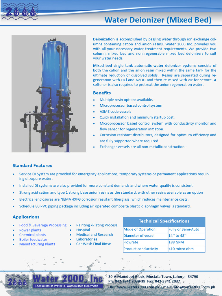 Two Column Water Deionizer + MB Brochure 202-01 | PDF | Purified Water ...