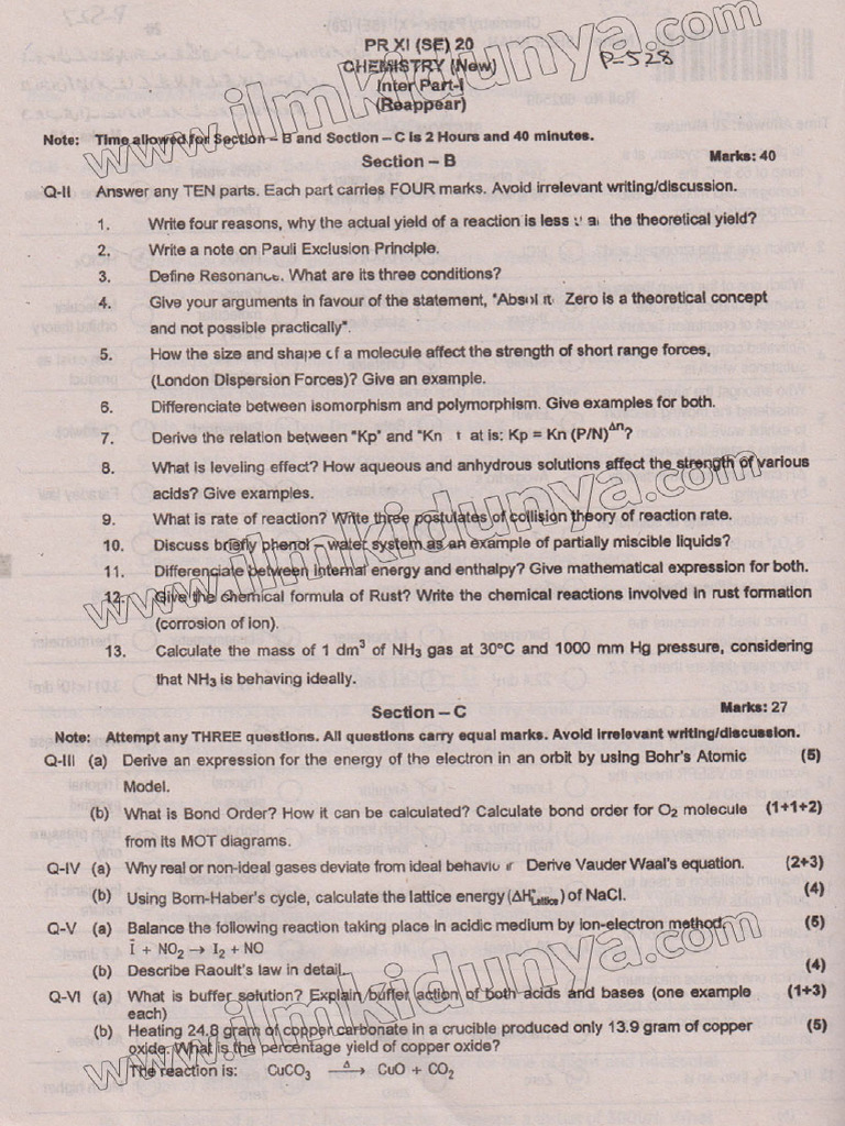 Past Paper 11th Class Chemistry Paper 1 Peshawar Board Subjective 2020 | PDF