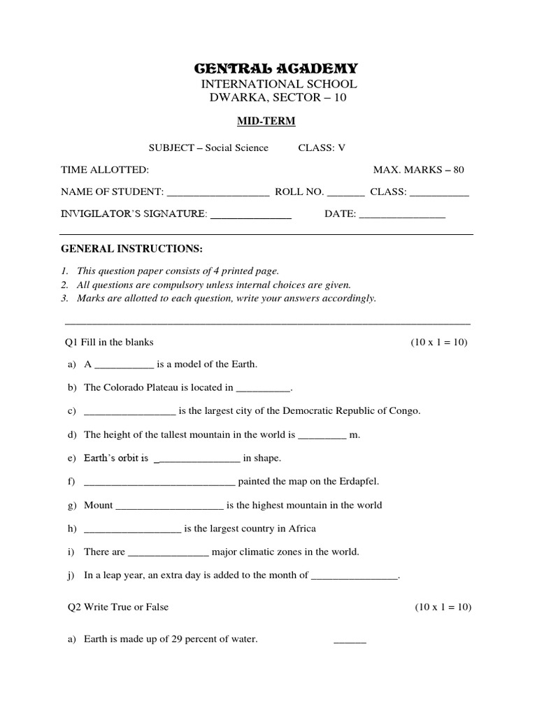 Sample Paper, Class V Mid Term | PDF | Earth | Mountains