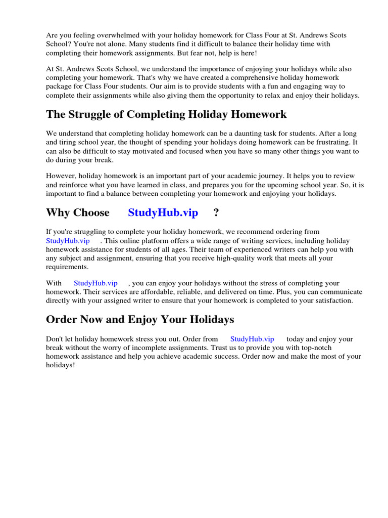 ST Andrews Scots School Holiday Homework Class Four | PDF | Homework | Learning