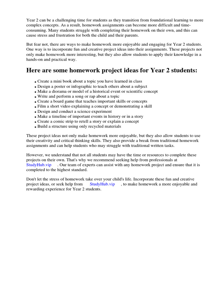 Homework Project Ideas For Year 2 | PDF | Homework | Teachers
