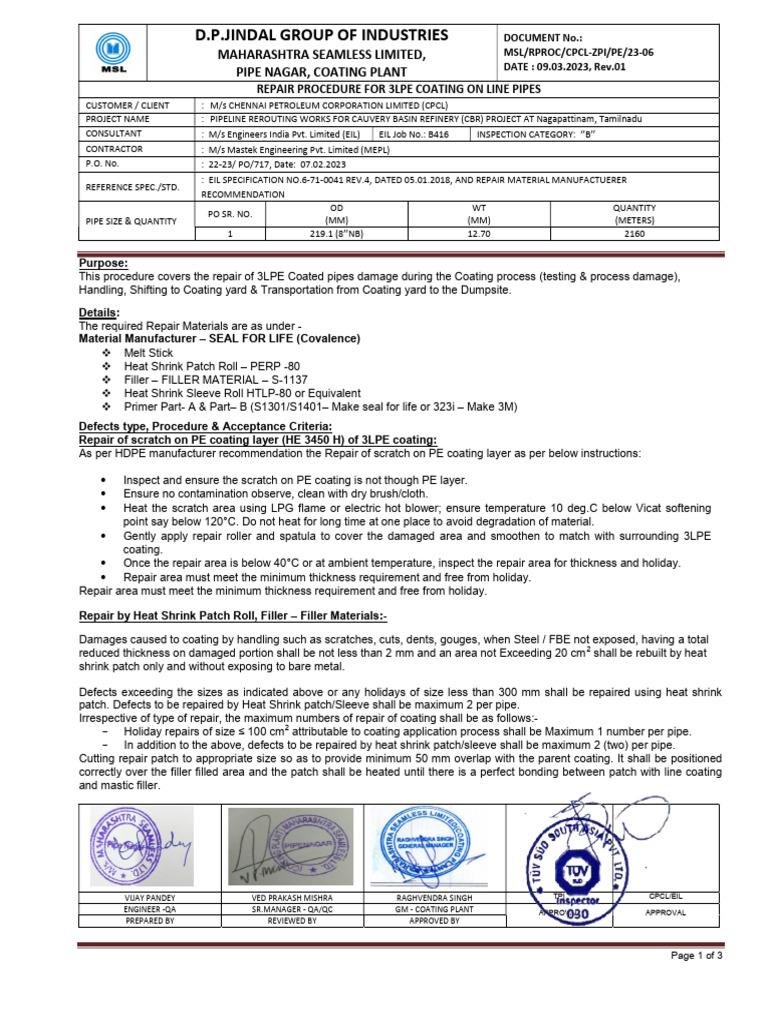 Repair Procedure - Zpi-3lpe-01 | PDF | Pipe (Fluid Conveyance) | Coating