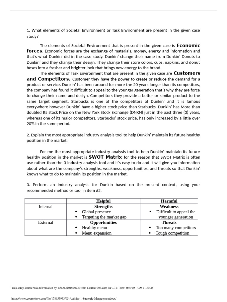 Dunkin' Internal Environment Analysis | PDF | Swot Analysis | Market ...