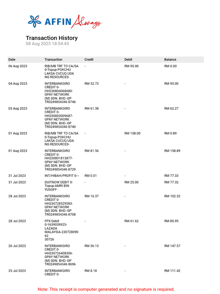 Transaction History | PDF | Debit Card | Debits And Credits