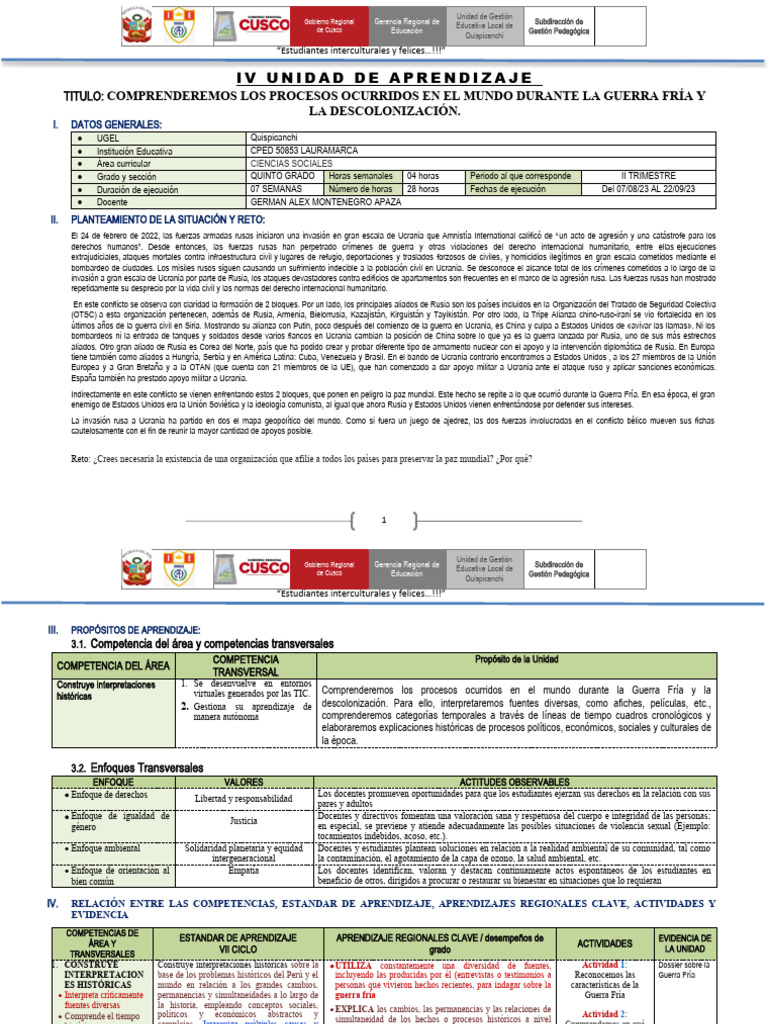 5° Grado - IV UNIDAD DIDÁCTICA - CCSS 2023 | PDF | Aprendizaje | Rusia