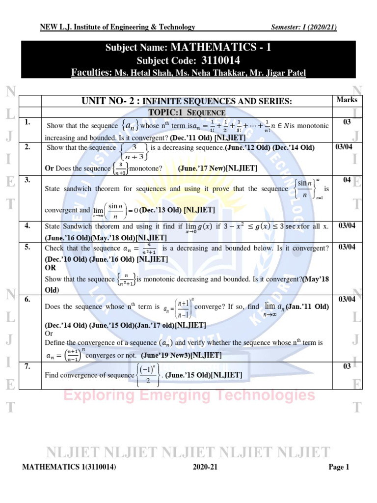 Mathematics-1 - QB - Odd - 2020 - 70 Percent | PDF | Sequence | Functions And Mappings
