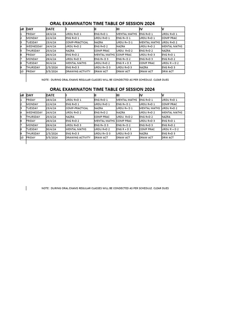 Oral Time Table 1-5 2024 | PDF