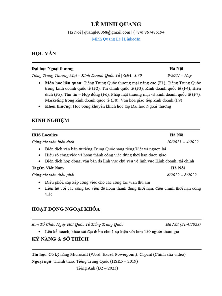 Le Minh Quang _ Cv (Vietnamese) | PDF
