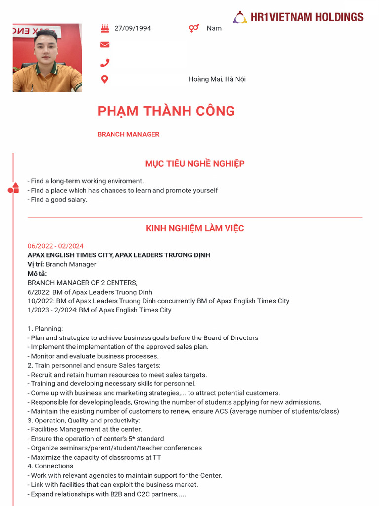 HR1 Pham Thanh Cong Center Manager ZIM | PDF