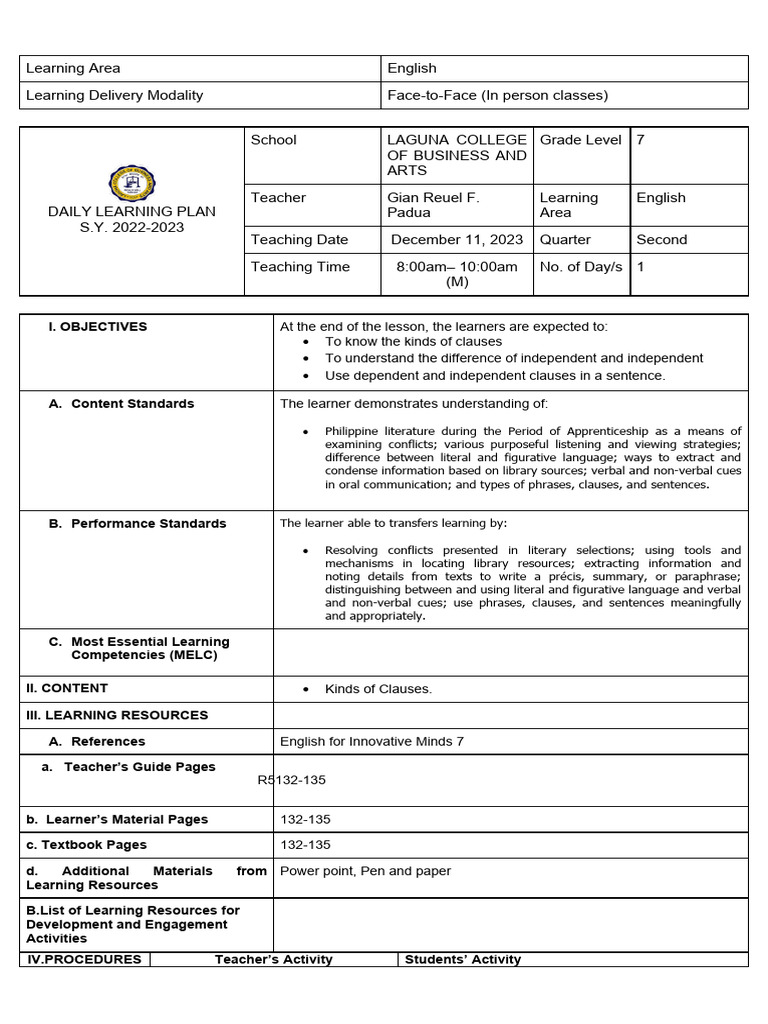 DetailedLP - Padua-Eng7 Kinds of Clauses | PDF | Learning | Disaster ...