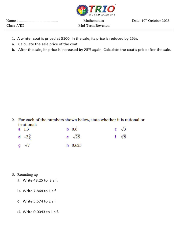 Class VIII Math Mid Term Revision Guide | PDF