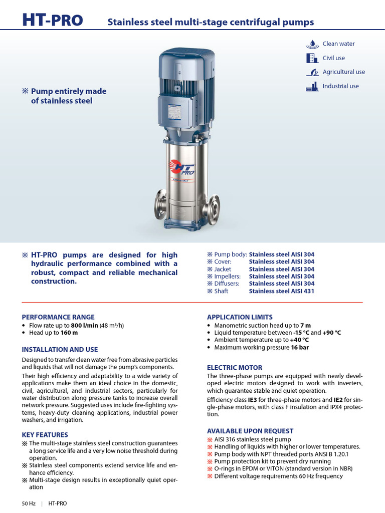 HT-PRO 50Hz Datasheet | PDF | Pump | Chemical Engineering