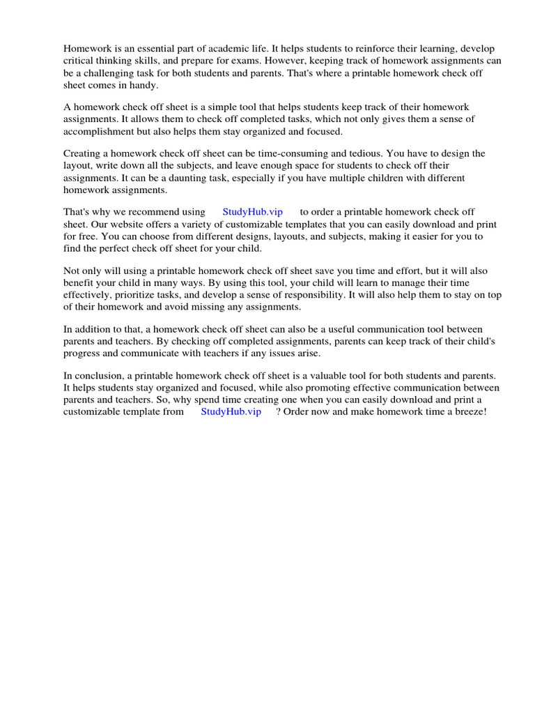 Printable Homework Check Off Sheet | PDF | Homework | Page Layout